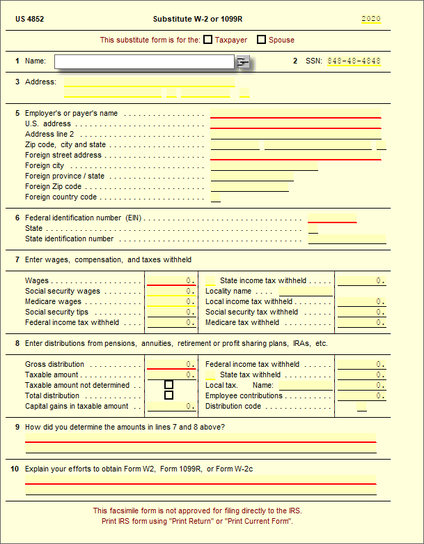 4852 Substitute For Form W 2 Or Form 1099R UltimateTax Solution Center